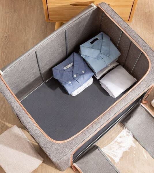 Clothes Storage Organizer with Metal Frame (Set of 2), Extra Large 66L | Foldable Storage Bin Boxes with Clear Window | Stackable, Moisture Proof, Dust Proof | Strong Carry Handles for Clothing, Bedding, Blanket, Closet | Clothes Storage (Grey)