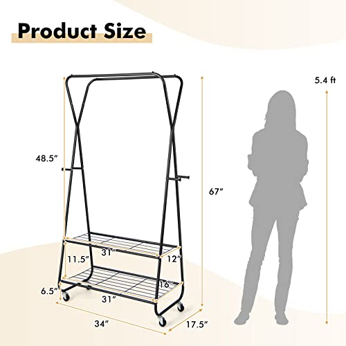 Giantex Metal Rolling Garment Rack, Clothing Rack with Wheels, Double Hanging Rods, 2 Shelves, 4 Hooks, Freestanding Clothes Organizer Rack with 2 Lockable Wheels for Bedroom, Balcony, Dorm, Black