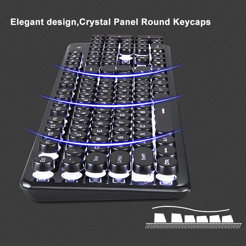 Gaming Keyboard and Mouse,Soke-Six 2.4G Wireless Retro Punk Typewriter-Style Backlit Keyboard Mice Combo,4800mAh Battery,Mechanical Feel,Anti-ghosting,Crystal Panel Round Keycaps (Black+White Light)