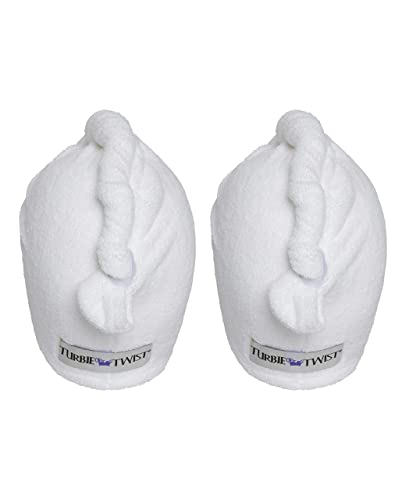 Turbie Twist Microfiber Hair Towel Wrap for Women and Men | 2 Pack | Bathroom Essential Accessories | Quick Dry Hair Turban for Drying Curly, Long & Thick Hair (White, White)