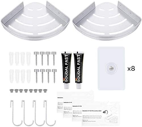 ATEMA 2 Pack Corner Shower Caddy,with Hooks No Drilling Adhesive Shower Storage Rack Shelf,Shampoo Razor Holder Organizer,Rustproof Aluminum Wall Mounted Shower Caddies for Bathroo/Kitchen/Dorm/Toilet