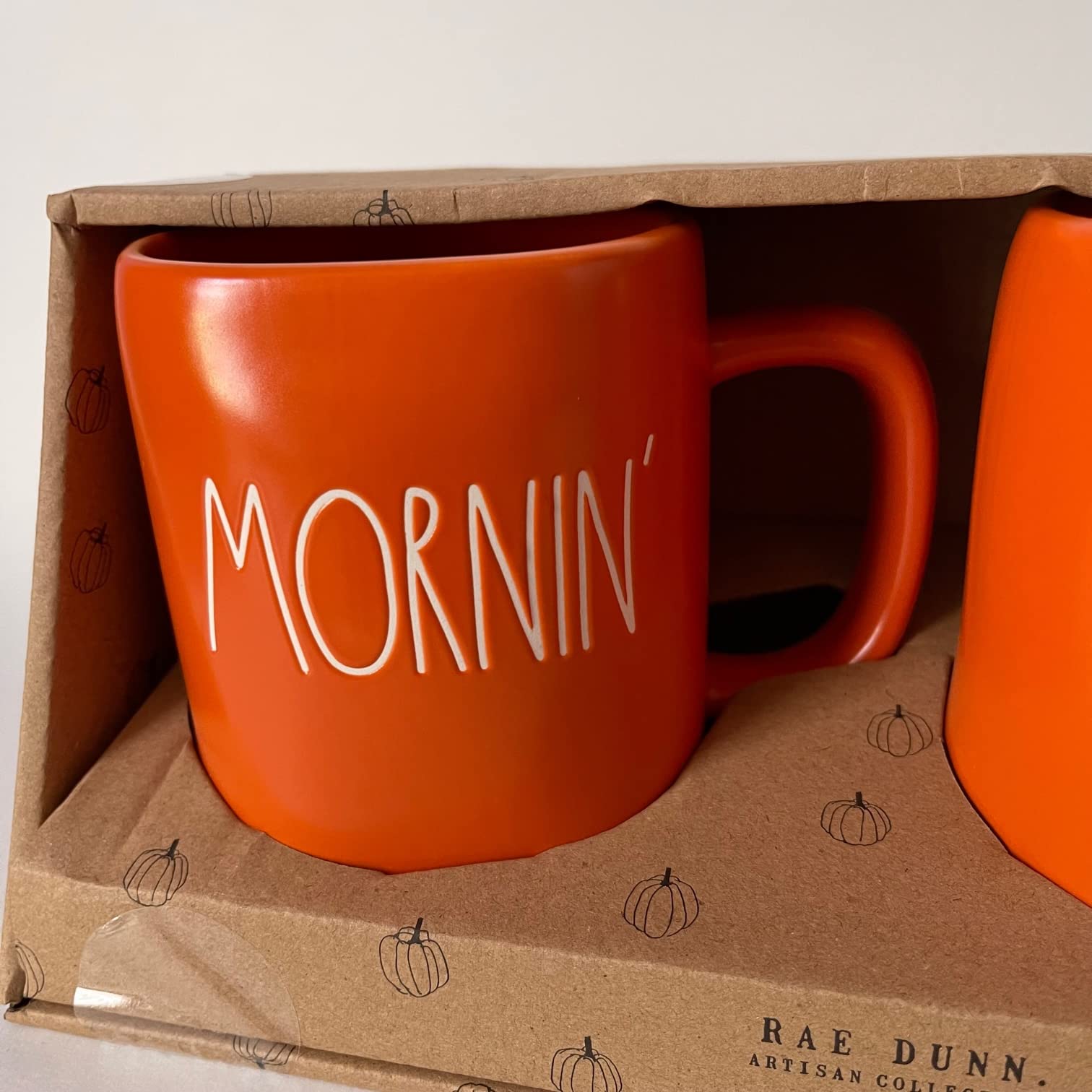 Rae Dunn By Magenta 2 Piece MORNIN' + PUMPKIN Ceramic LL Coffee Tea Mug Set 2019 Limited Edition