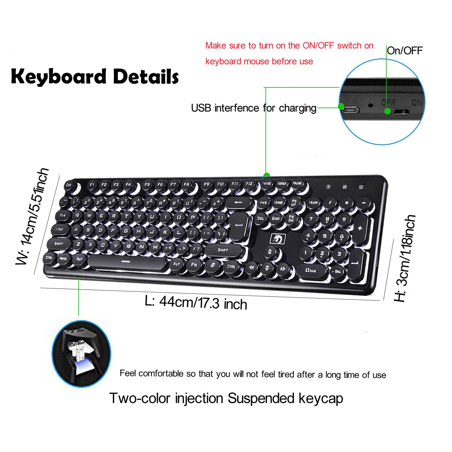 Gaming Keyboard and Mouse,Soke-Six 2.4G Wireless Retro Punk Typewriter-Style Backlit Keyboard Mice Combo,4800mAh Battery,Mechanical Feel,Anti-ghosting,Crystal Panel Round Keycaps (Black+White Light)