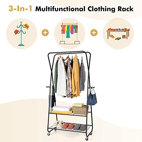 Giantex Metal Rolling Garment Rack, Clothing Rack with Wheels, Double Hanging Rods, 2 Shelves, 4 Hooks, Freestanding Clothes Organizer Rack with 2 Lockable Wheels for Bedroom, Balcony, Dorm, Black