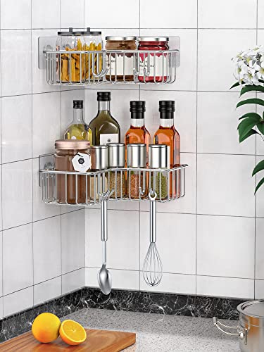 SMARTAKE Corner Shower Caddy Shower Shelf 2 Pack Adhesive Shower Rack with Hooks, SUS 304 Stainless Steel Shower Organizer for Bathroom Toilet Kitchen, Shower Storage for 90° Wall (Silver)
