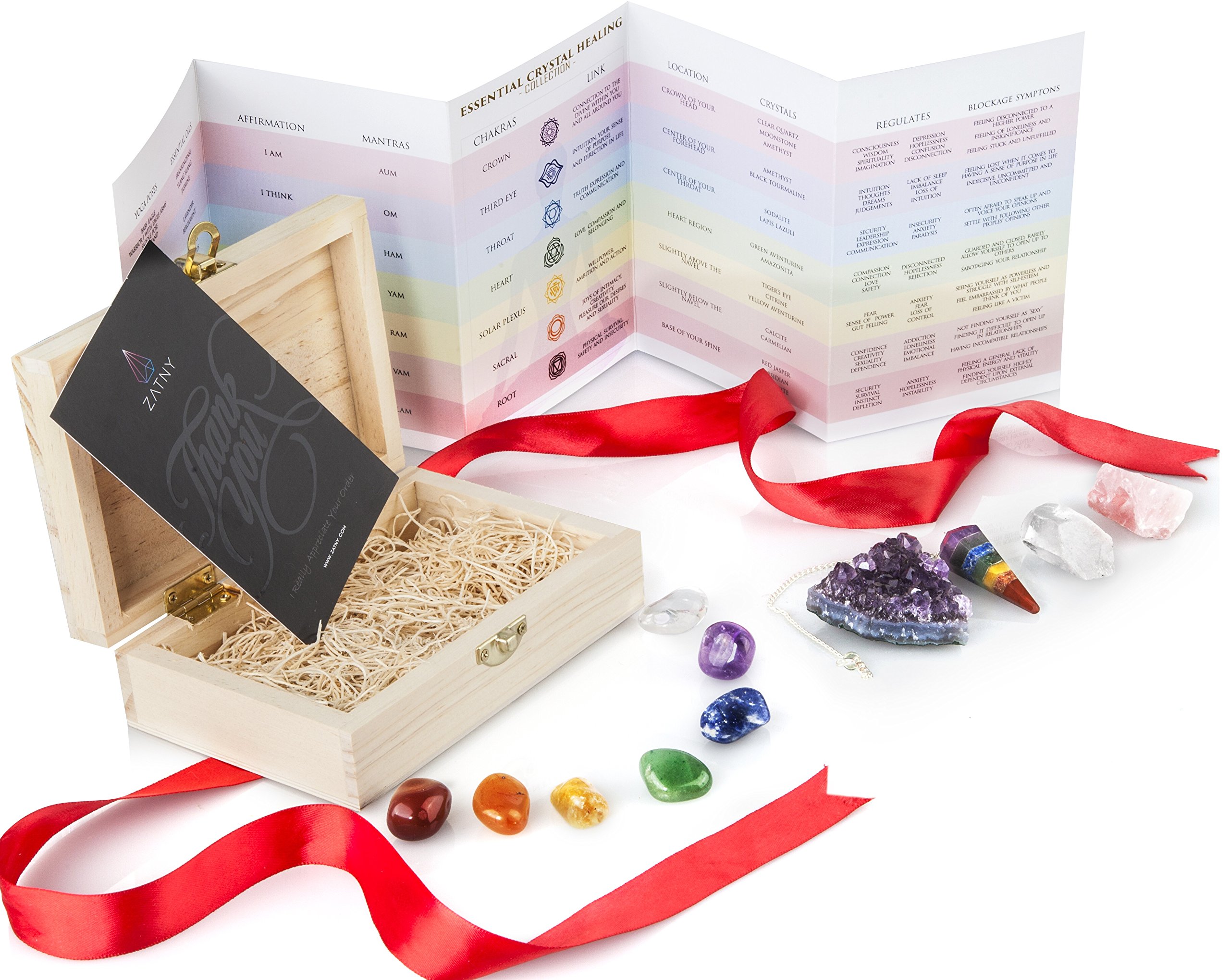 Premium Crystals and Healing Stones Premium Kit in Wooden Box - 7 Chakra Stones Healing Set, Rose Quartz, Amethyst Cluster, Quartz Points, Chakra Pendulum, EBook, Poster, Made-in-USA, Gift Ready