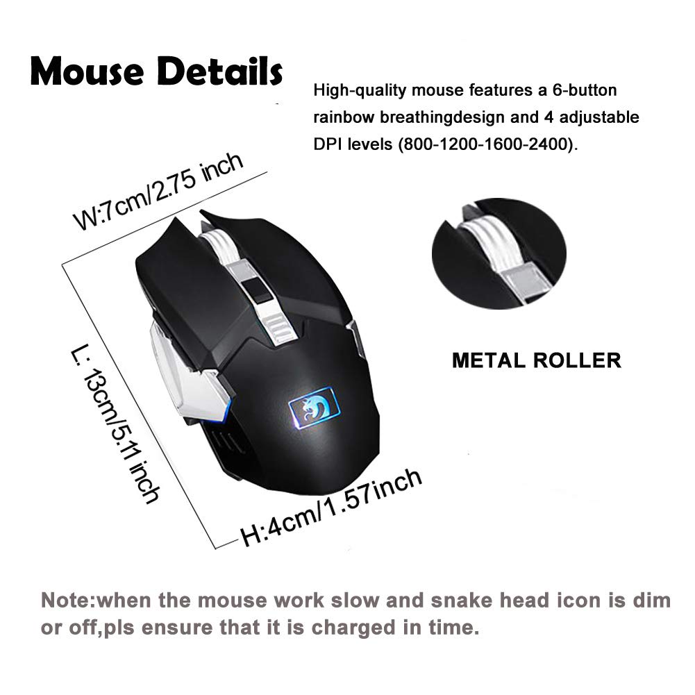 Gaming Keyboard and Mouse,Soke-Six 2.4G Wireless Retro Punk Typewriter-Style Backlit Keyboard Mice Combo,4800mAh Battery,Mechanical Feel,Anti-ghosting,Crystal Panel Round Keycaps (Black+White Light)