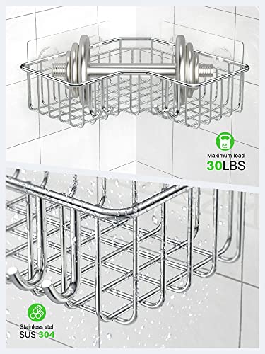 SMARTAKE Corner Shower Caddy Shower Shelf 2 Pack Adhesive Shower Rack with Hooks, SUS 304 Stainless Steel Shower Organizer for Bathroom Toilet Kitchen, Shower Storage for 90° Wall (Silver)