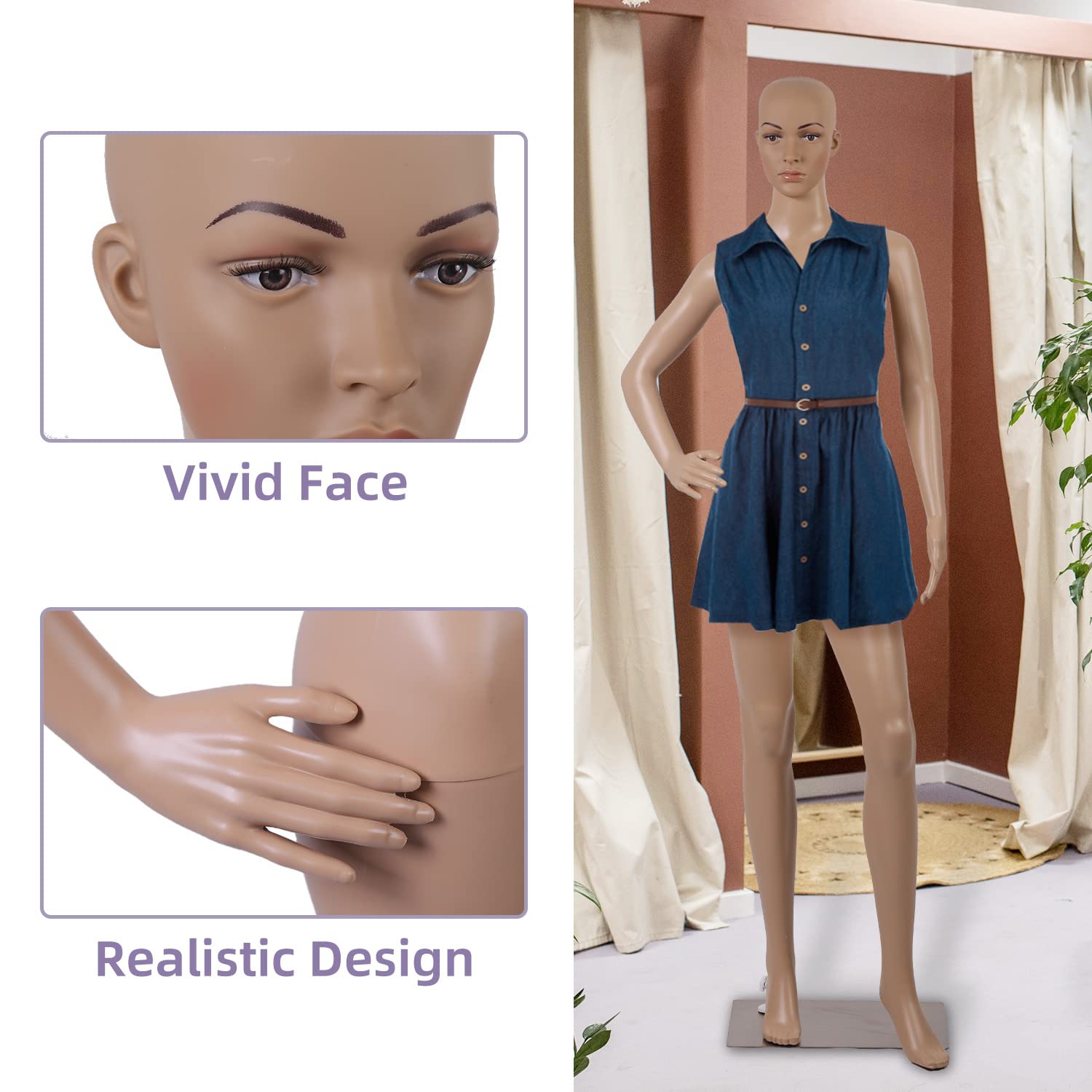 Mannequin Torso Manikin Dress Form Female Realistic Full Body Mannequin Display Head Turns with Metal Base 69" Plastic Adult Woman Adjustable Detachable Poseable Model Mannequin Stand
