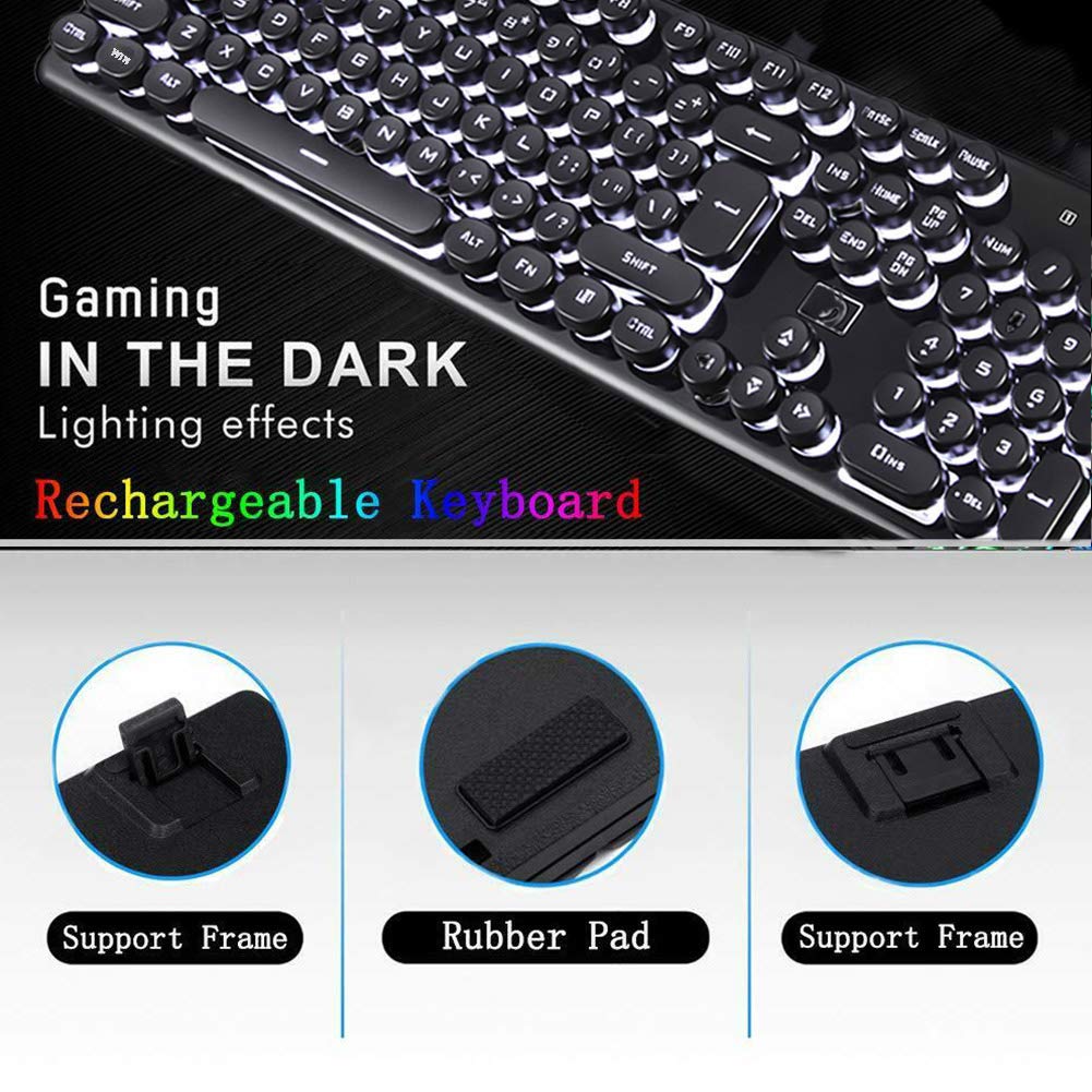 Gaming Keyboard and Mouse,Soke-Six 2.4G Wireless Retro Punk Typewriter-Style Backlit Keyboard Mice Combo,4800mAh Battery,Mechanical Feel,Anti-ghosting,Crystal Panel Round Keycaps (Black+White Light)
