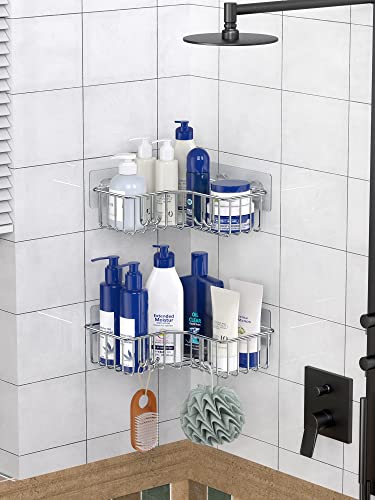 SMARTAKE Corner Shower Caddy Shower Shelf 2 Pack Adhesive Shower Rack with Hooks, SUS 304 Stainless Steel Shower Organizer for Bathroom Toilet Kitchen, Shower Storage for 90° Wall (Silver)