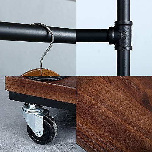 SUJIN Industrial Pipe Clothing Rack Wood Clothing Racks on Wheels, Retail Clothes Rack with Wheels Vintage Garment Rack with Shelves,Rolling Racks for Hanging Clothes Rustic Heavy Duty Clothes Rack