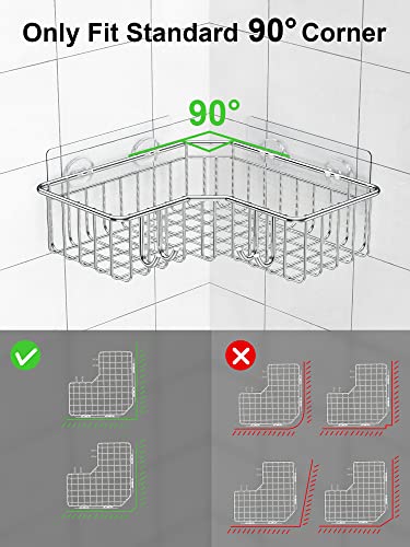 SMARTAKE Corner Shower Caddy Shower Shelf 2 Pack Adhesive Shower Rack with Hooks, SUS 304 Stainless Steel Shower Organizer for Bathroom Toilet Kitchen, Shower Storage for 90° Wall (Silver)
