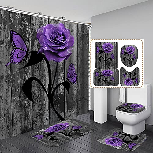 Camille&Andrew 4PCS/Set Purple Rose Shower Curtain, Shabby Chic Country Farmhouse Floral Grey Vintage Rustic Wooden Board Romantic Valentine's Day Bathroom Decor, Non-Slip Bath Rugs Mats, Butterfly