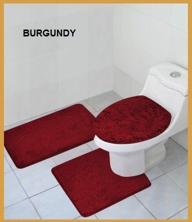 3 Piece Luxury Acrylic Bath Rugs Set Large 18"x"30 Contour Mat 18"x18" and Lid. (Burgundy)