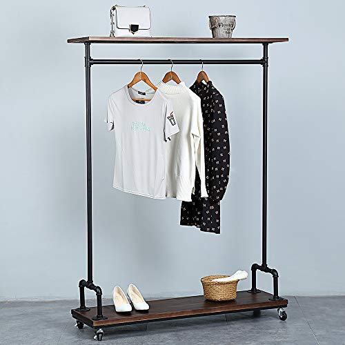 SUJIN Industrial Pipe Clothing Rack Wood Clothing Racks on Wheels, Retail Clothes Rack with Wheels Vintage Garment Rack with Shelves,Rolling Racks for Hanging Clothes Rustic Heavy Duty Clothes Rack