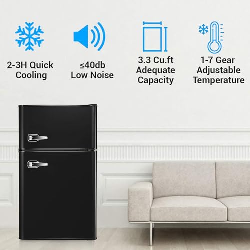Joy Pebble Small fridge with freezer,3.2 cu.ft compact refrigerator with freezer,Mini Fridge for bedroom, Dorm or Apartment with Adjustable Removable Glass Shelves,Black