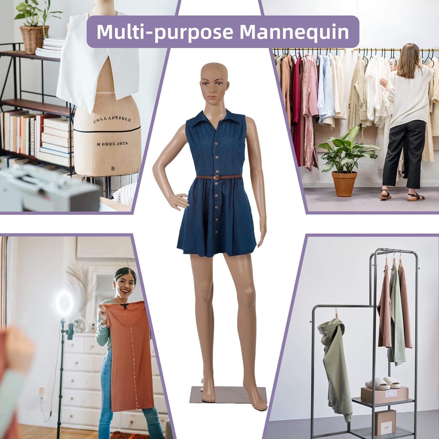 Mannequin Torso Manikin Dress Form Female Realistic Full Body Mannequin Display Head Turns with Metal Base 69" Plastic Adult Woman Adjustable Detachable Poseable Model Mannequin Stand