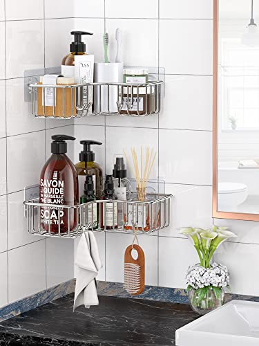 SMARTAKE Corner Shower Caddy Shower Shelf 2 Pack Adhesive Shower Rack with Hooks, SUS 304 Stainless Steel Shower Organizer for Bathroom Toilet Kitchen, Shower Storage for 90° Wall (Silver)