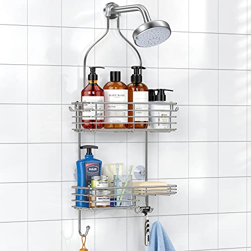 SMARTAKE Hanging Shower Head Caddy, Rustproof Bathroom Shower Shelf Organizer, SUS201 Stainless Steel Over The Shower Storage Rack, for Toilet, Bathroom and Shower Room, Silver