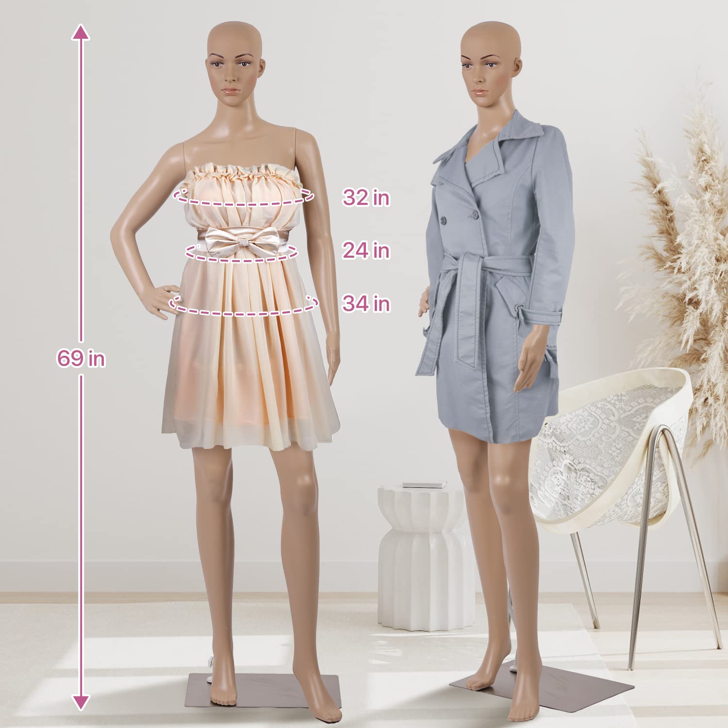 Mannequin Torso Manikin Dress Form Female Realistic Full Body Mannequin Display Head Turns with Metal Base 69" Plastic Adult Woman Adjustable Detachable Poseable Model Mannequin Stand