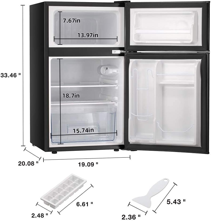 Joy Pebble Small fridge with freezer,3.2 cu.ft compact refrigerator with freezer,Mini Fridge for bedroom, Dorm or Apartment with Adjustable Removable Glass Shelves,Black