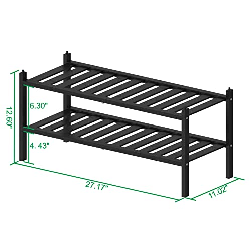 Dranixly 2 Tier Shoe Rack, Bamboo Stackable Shoe Shelf Storage Organizer for Entryway, Hallway, Closet and Living Room (Black)