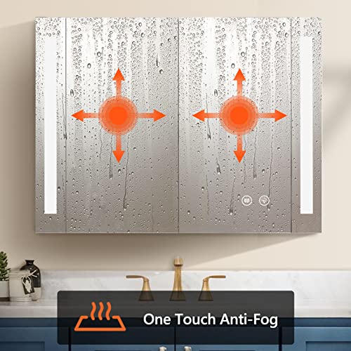 LALAHOO Medicine Cabinets for Bathroom with Mirror, 22" x 30" LED Bathroom Medicine Cabinet with Mirror, Double Doors Medicine Cabinet with Storage Shelves, Dimmable Light