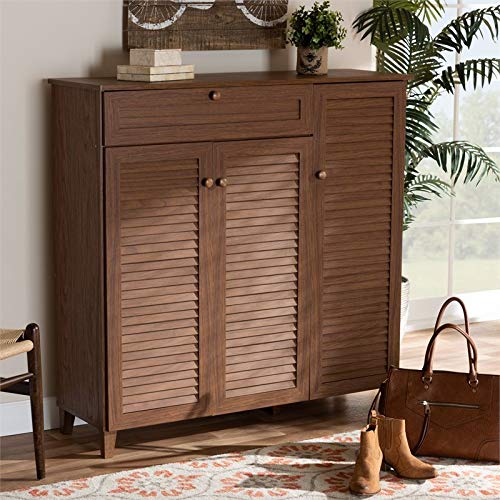 Baxton Studio Coolidge Modern and Contemporary Walnut Finished 11-Shelf Wood Shoe Storage Cabinet with Drawer