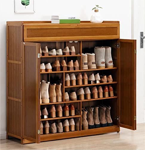Gdrasuya10 Bamboo Entryway Shoe Storage Cabinet with 2 Folding Doors, 7 Tier Shoe Rack Organizers Shoe Cabinet for Shoes Boots Slippers Sneakers Large Capacity for Home (46" L)