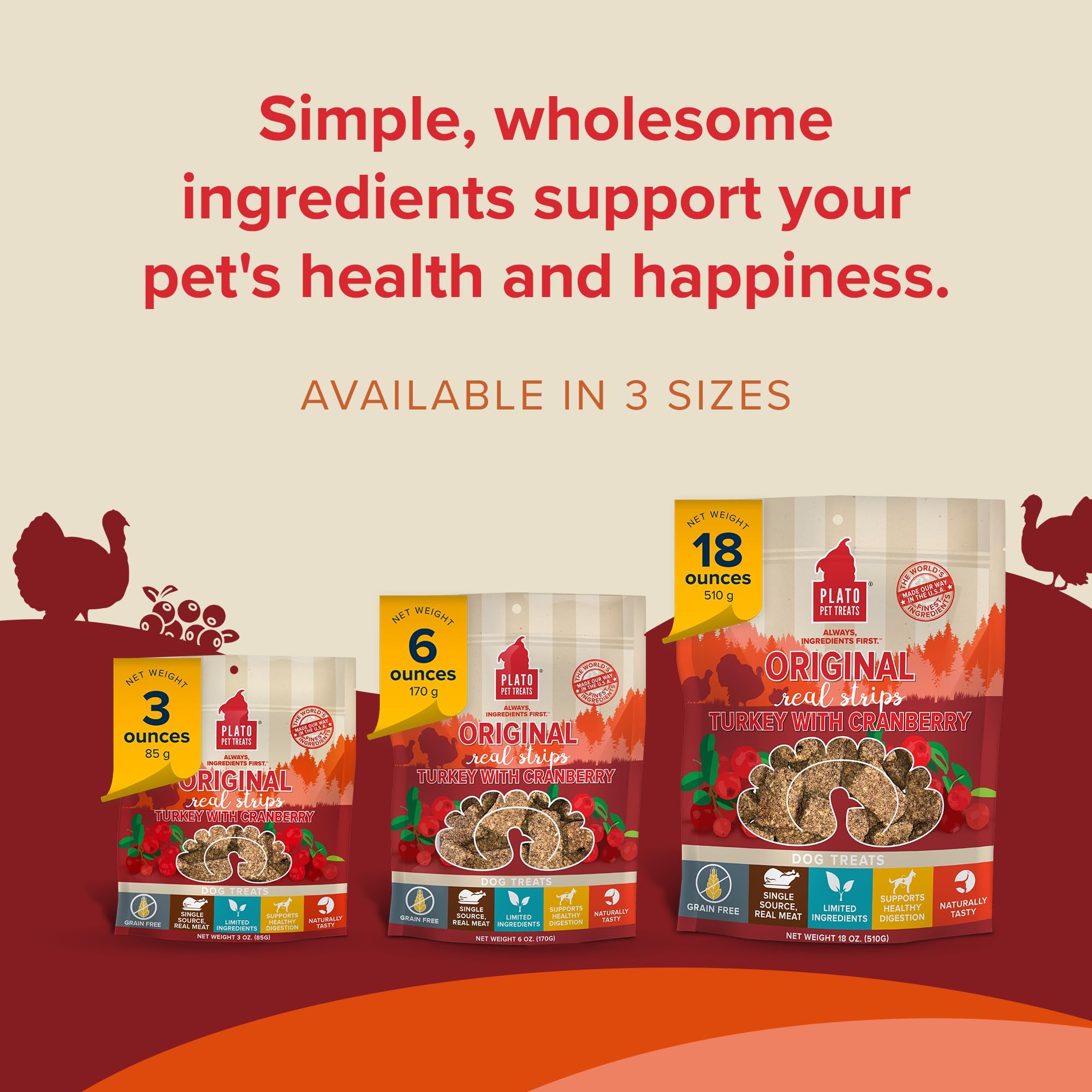 PLATO Turkey Real Strips Natural Dog Treats - Real Meat - Air Dried - Made in the USA - Turkey & Cranberry, 3 ounces