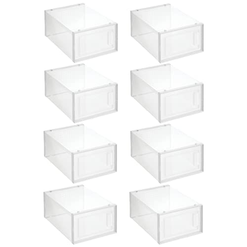 mDesign Stackable Plastic Closet Storage Box with Side Opening Panel- for Organizing Men's and Women's Shoes, Booties, Pumps, Sandals, Wedges, Flats, Heels, and Accessories, 8 Pack - White/Clear