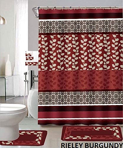 WPM WORLD PRODUCTS MART Riely 18-Piece Bathroom Set: 2-Rugs/mats, 1-Fabric Shower Curtain, 12-Fabric Covered Rings, 3-pc. Decorative Towel Set (Burgundy)