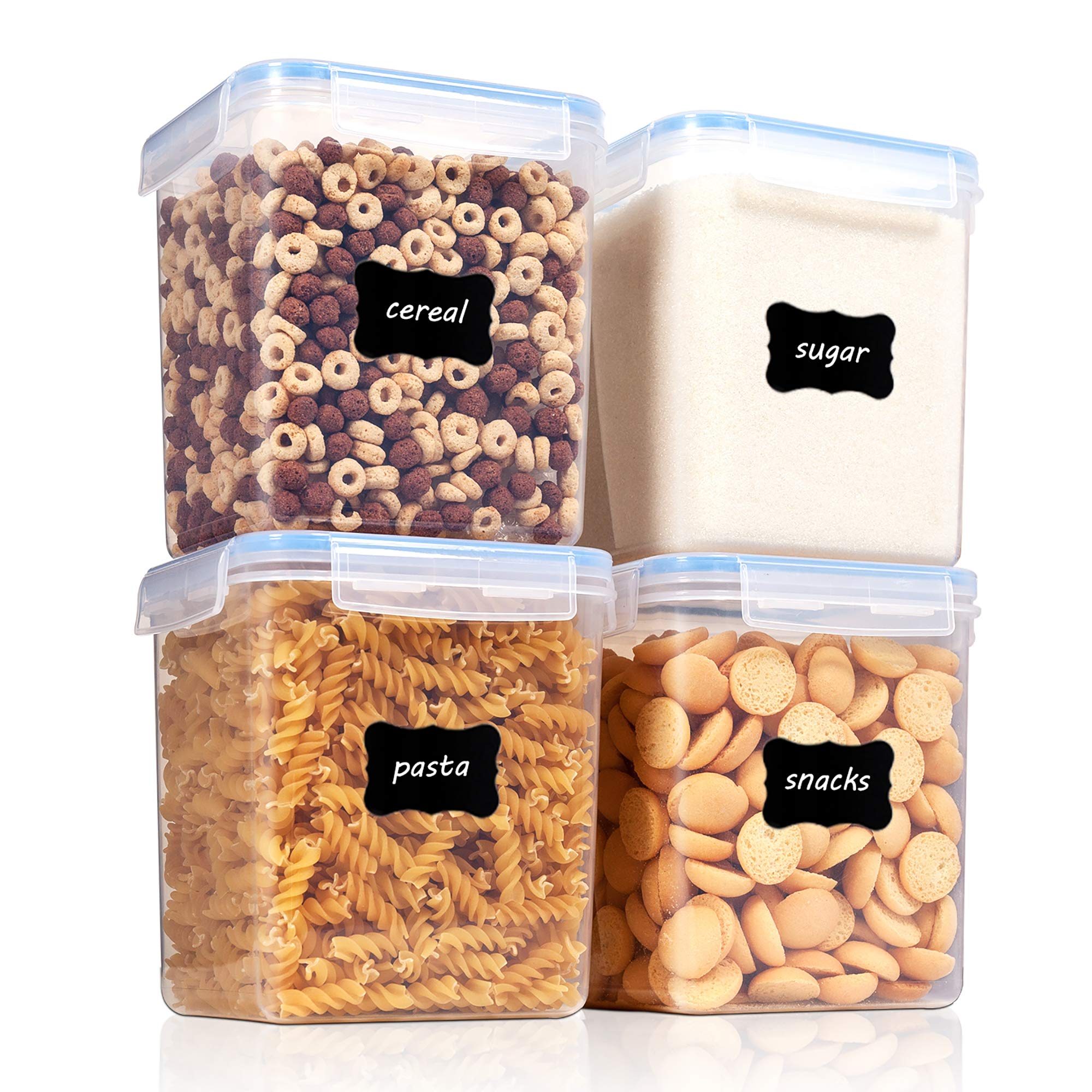 Vtopmart Food Storage Containers 2.5L / 84.5oz, 4 Pieces BPA Free Plastic Airtight Canister for Flour, Sugar, Baking Supplies, with 4 Measuring Cups and 24 Labels, Blue