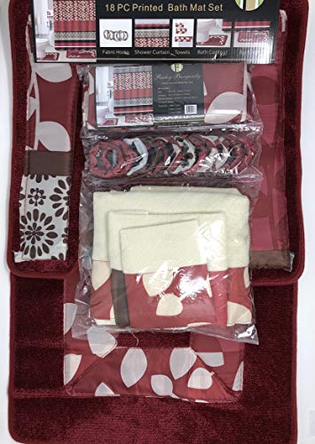 WPM WORLD PRODUCTS MART Riely 18-Piece Bathroom Set: 2-Rugs/mats, 1-Fabric Shower Curtain, 12-Fabric Covered Rings, 3-pc. Decorative Towel Set (Burgundy)