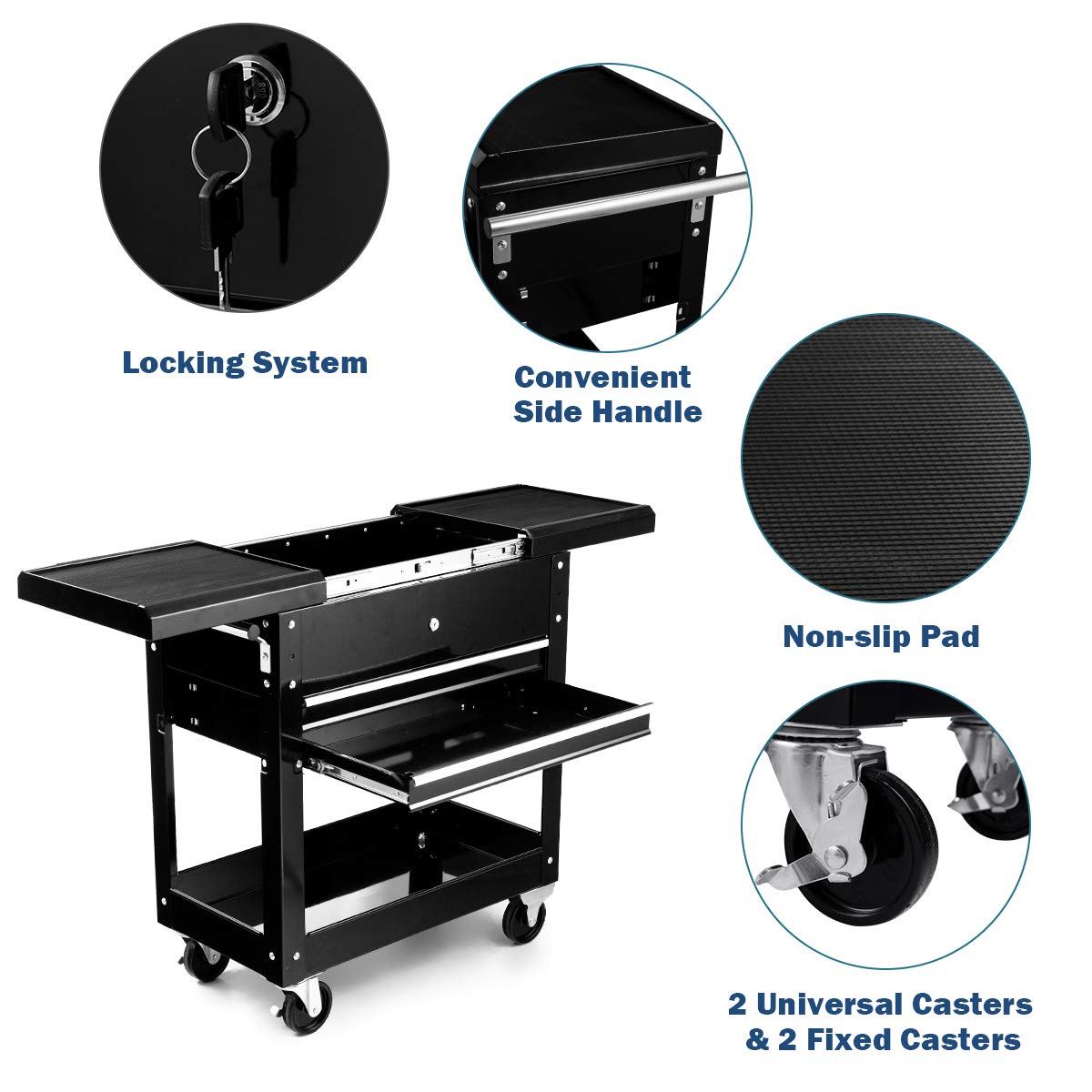 Goplus Tool Cart, 4-Tier Rolling Tool Box Cabinet on Wheels with Lockable Drawers & Sliding Top, Heavy Duty Steel Tool Storage Organizer for Garage Warehouse Workshop, Black