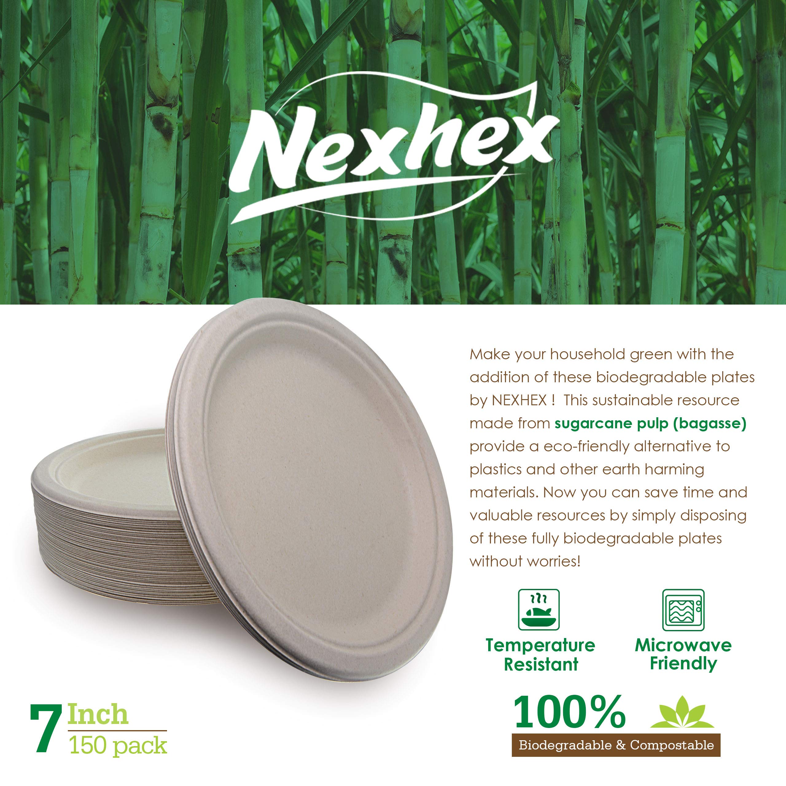 NexHex 7" Paper Plates [150-Pack] Brown Compostable Disposable Biodegradable Premium Natural Eco-Friendly Bagasse, Made of Sugar Cane Fibers Heavy-Duty Quality