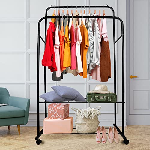 befacai Clothing Garment Rack with Shelves, Upgraded Length Cloth Hanger Rack Stand on Wheels, Clothes Drying Rack with Two Rod (31.5â Black)