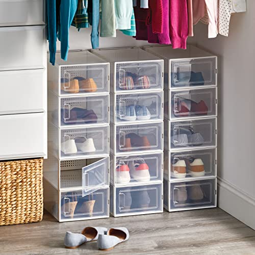 mDesign Stackable Plastic Closet Storage Box with Side Opening Panel- for Organizing Men's and Women's Shoes, Booties, Pumps, Sandals, Wedges, Flats, Heels, and Accessories, 8 Pack - White/Clear