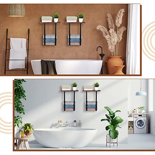 Qunclay 2 Pcs Wall Towel Racks for Rolled Towels, Bathroom Towel Holder with Wooden Shelf for Large Small Roll Towel, Hand Towels, Spa, Salon, RV, Matte Black