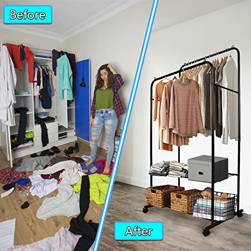 befacai Clothing Garment Rack with Shelves, Upgraded Length Cloth Hanger Rack Stand on Wheels, Clothes Drying Rack with Two Rod (31.5â Black)