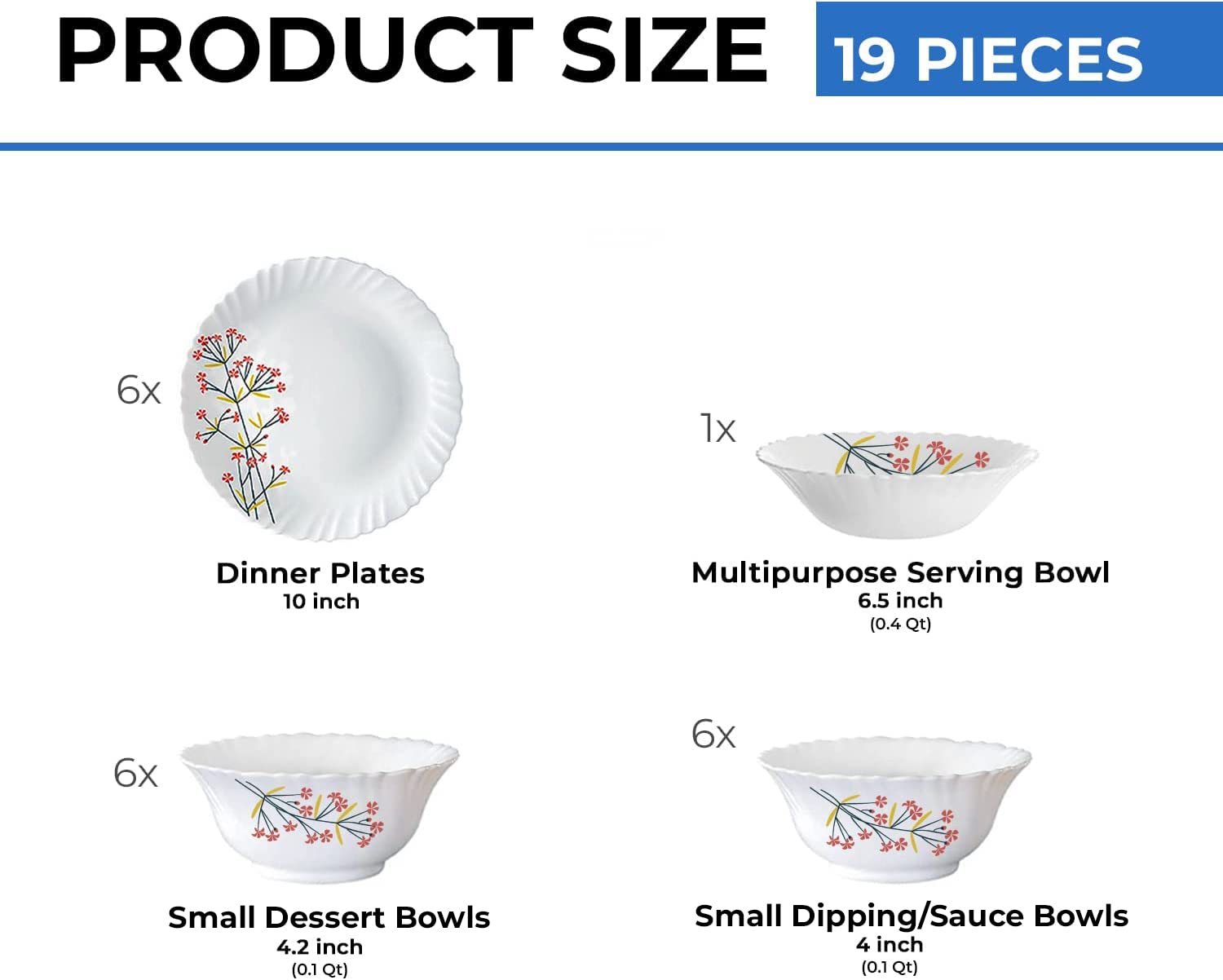 Borosil Gourmet Dinnerware Set For 6, 19 Pieces, White Dinner Plates and Bowls Sets, Chip Resistant Tempered Opal Glass, Stain Resistant, Dishwasher & Microwave Safe Dinner Set For Gifting, Serves 6