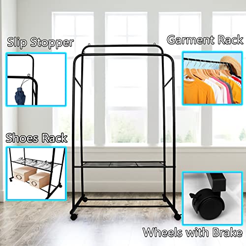 befacai Clothing Garment Rack with Shelves, Upgraded Length Cloth Hanger Rack Stand on Wheels, Clothes Drying Rack with Two Rod (31.5â Black)