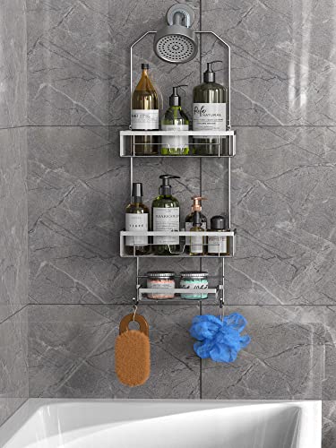 Elbourn Shower Caddy Over Shower Head, Bathroom Hanging Shower Organizer with Hooks, SUS201 Stainless Steel Shower Storage Rack 3 Shelves for Shampoo, Soap and Razor - Silver
