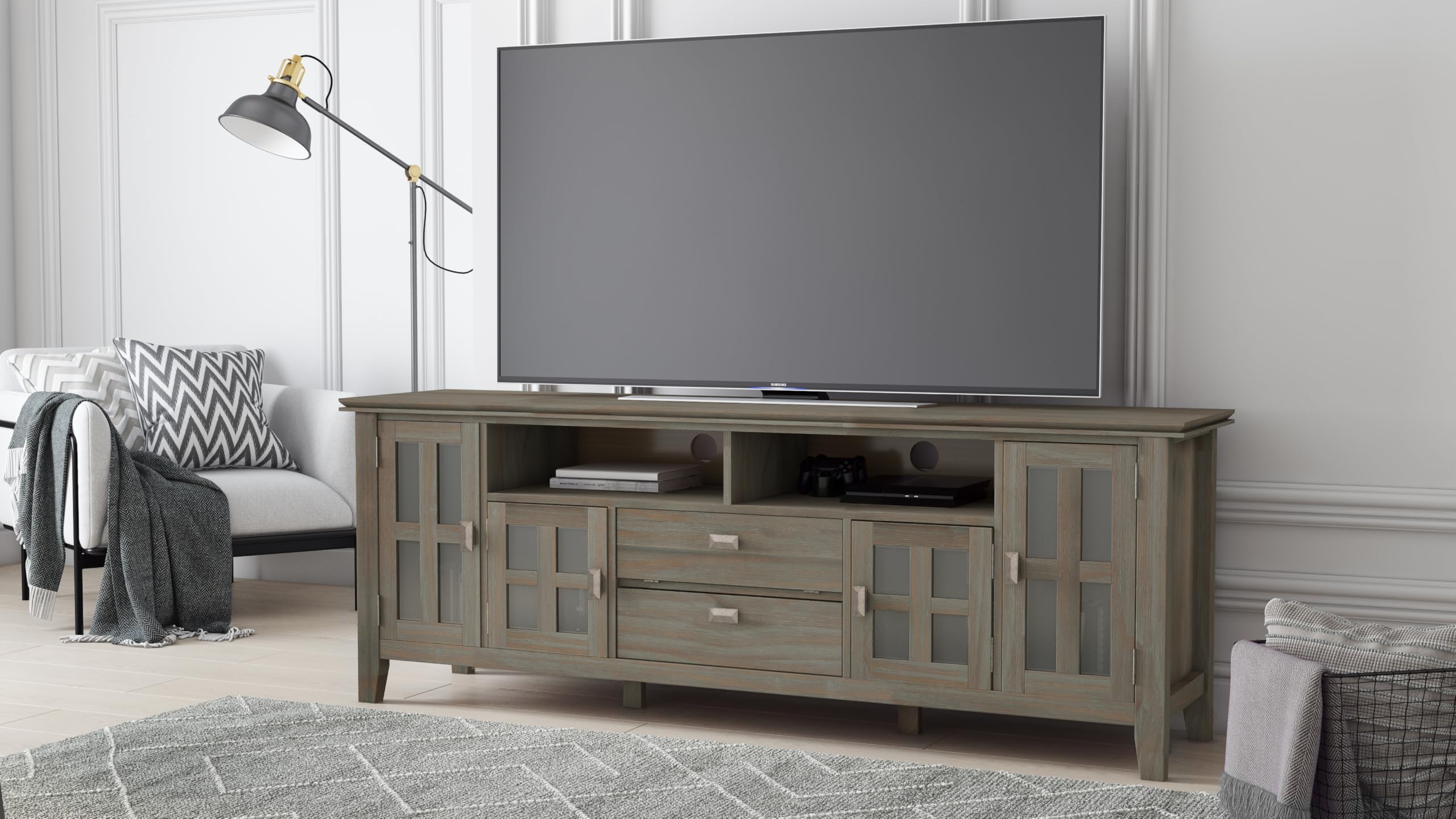 SIMPLIHOME Artisan SOLID WOOD Universal TV Media Stand, 72 inch Wide, Transitional, Living Room Entertainment Center, Storage Cabinet, for Flat Screen TVs up to 80 inches in Distressed Grey