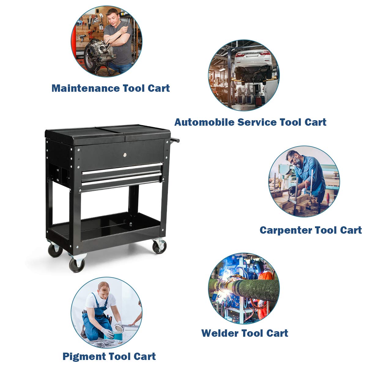 Goplus Tool Cart, 4-Tier Rolling Tool Box Cabinet on Wheels with Lockable Drawers & Sliding Top, Heavy Duty Steel Tool Storage Organizer for Garage Warehouse Workshop, Black