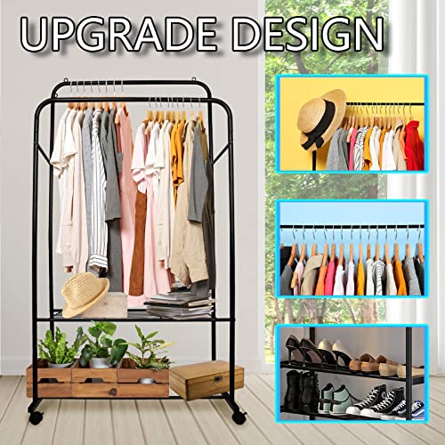befacai Clothing Garment Rack with Shelves, Upgraded Length Cloth Hanger Rack Stand on Wheels, Clothes Drying Rack with Two Rod (31.5â Black)