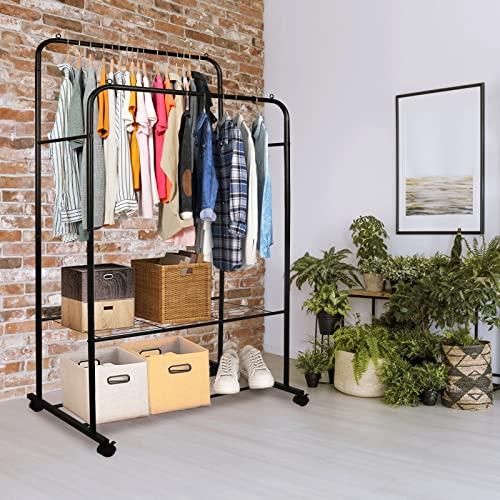 befacai Clothing Garment Rack with Shelves, Upgraded Length Cloth Hanger Rack Stand on Wheels, Clothes Drying Rack with Two Rod (31.5â Black)