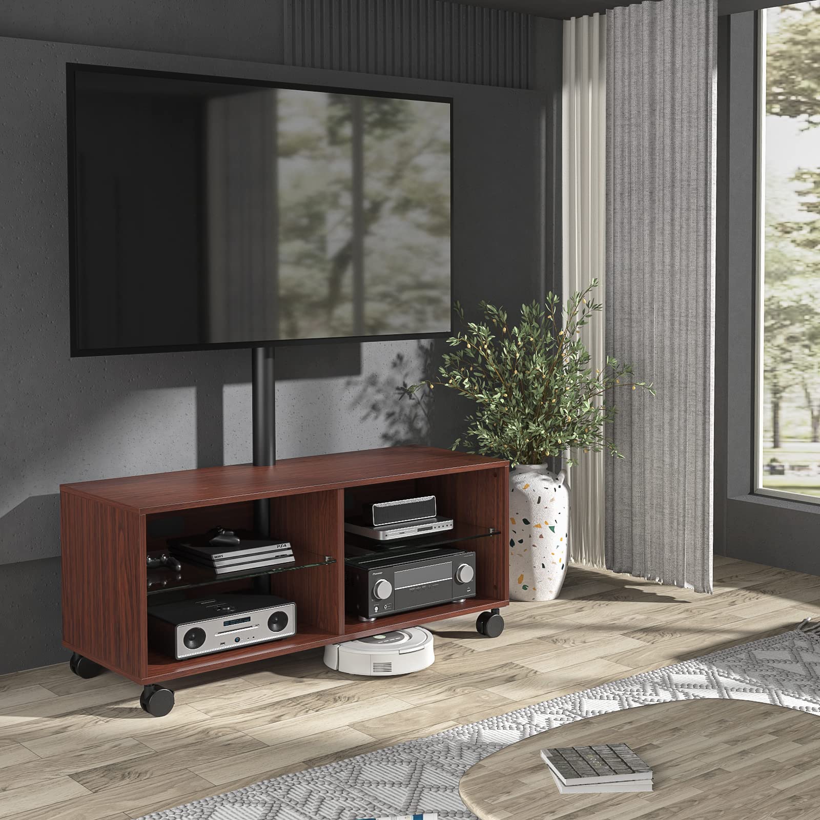 Rfiver Swivel Wood TV Stand on Wheels with Mount for 32-70 Inch Flat Screen TVs, Rolling Entertainment Center with 4-Shelf Storage for Media Console, Universal Floor TV Stand Cabinet for Home, Walnut