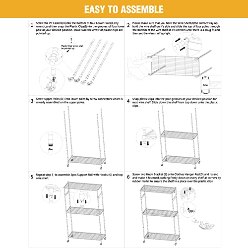 ALUPOM Heavy Duty Rolling Garment Rack, 3-Tier Metal Clothing Rack Closet Organizer with Loackable Wheels,2 Rods and 2 Pair Side hooks,Loading 400 lbs